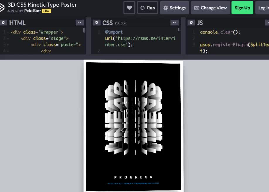  CodePen Home 3D CSS Kinetic Type Poster CSS JS Animations Awwwards